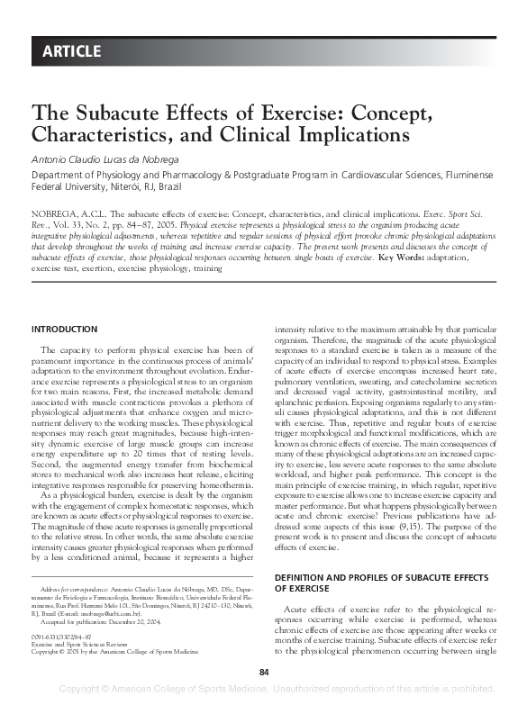 (PDF) The Subacute Effects of Exercise: Concept, Characteristics, and ...