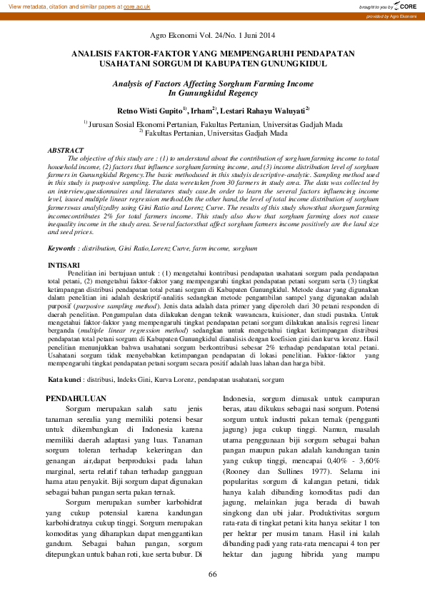 (PDF) Analisis Faktor-Faktor Yang Mempengaruhi Pendapatan Usahatani Sorgum DI Kabupaten Gunungkidul