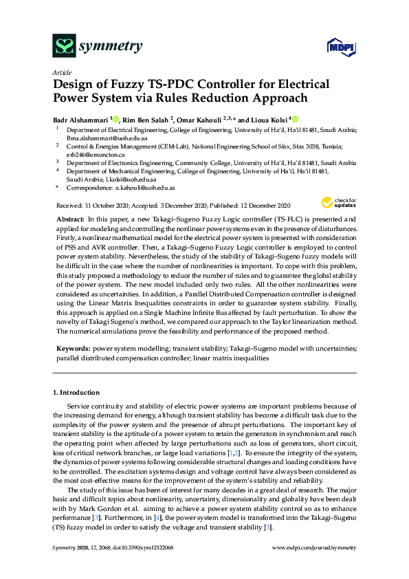 (PDF) Design of Fuzzy TS-PDC Controller for Electrical Power System via ...