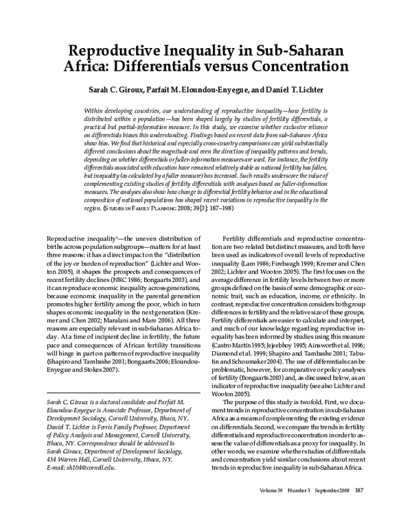 Pdf Reproductive Inequality In Sub Saharan Africa Differentials