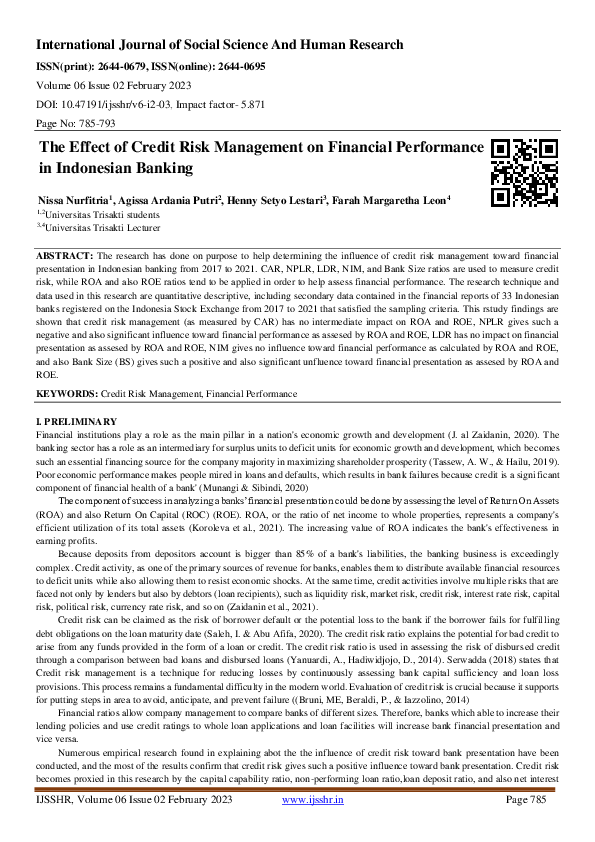 (PDF) The Effect of Credit Risk Management on Financial Performance in Indonesian Banking