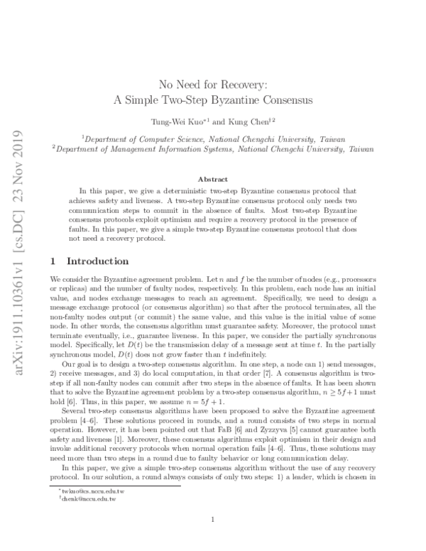 (PDF) No Need for Recovery: A Simple Two-Step Byzantine Consensus