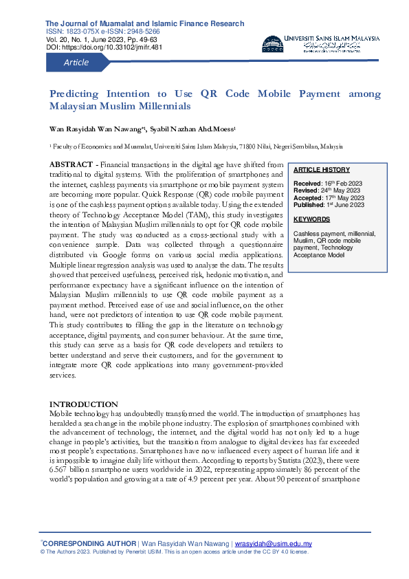 Pdf Predicting Intention To Use Qr Code Mobile Payment Among Malaysian Muslim Millennials