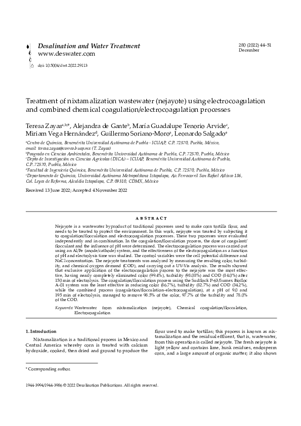 (PDF) Treatment of nixtamalization wastewater (nejayote) using ...