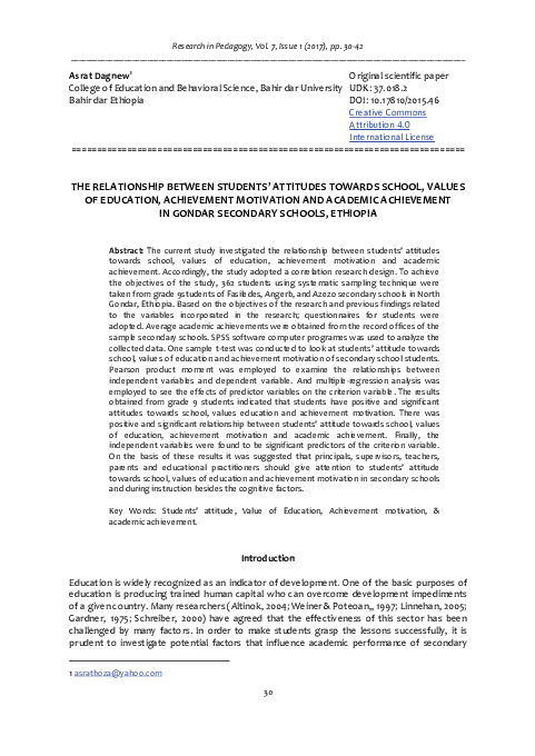 (PDF) The relationship between students' attitudes towards school, values of education ...