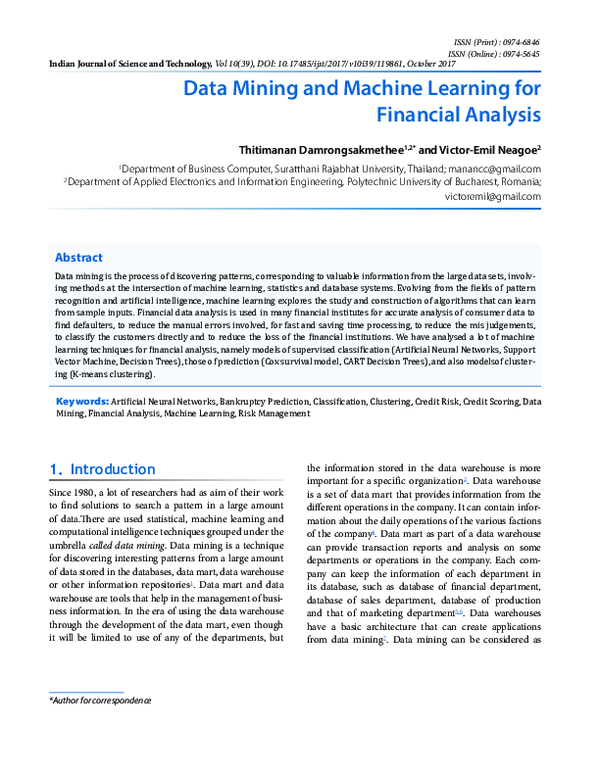 (PDF) Data Mining and Machine Learning for Financial Analysis