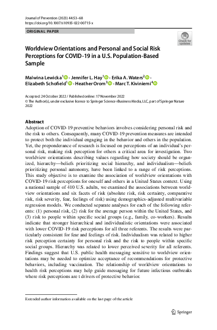 (PDF) Worldview Orientations and Personal and Social Risk Perceptions ...