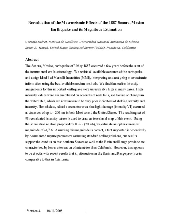 (PDF) Reevaluation of the Macroseismic Effects of the 1887 Sonora, Mexico Earthquake and its ...