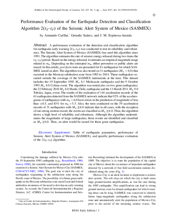 (PDF) Performance Evaluation of the Earthquake Detection and Classification Algorithm 2(tS–tP ...