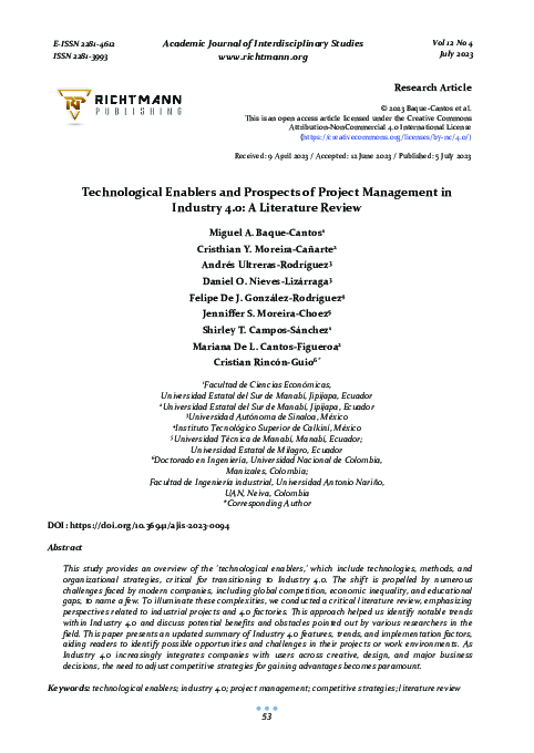 (PDF) Technological Enablers and Prospects of Project Management in Industry 4.0: A Literature ...