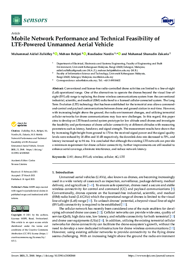 (PDF) Mobile Network Performance and Technical Feasibility of LTE-Powered Unmanned Aerial Vehicle