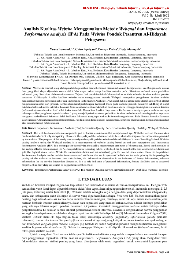 (PDF) Analisis Kualitas Website Menggunakan Metode Webqual dan Importance Performance Analysis ...