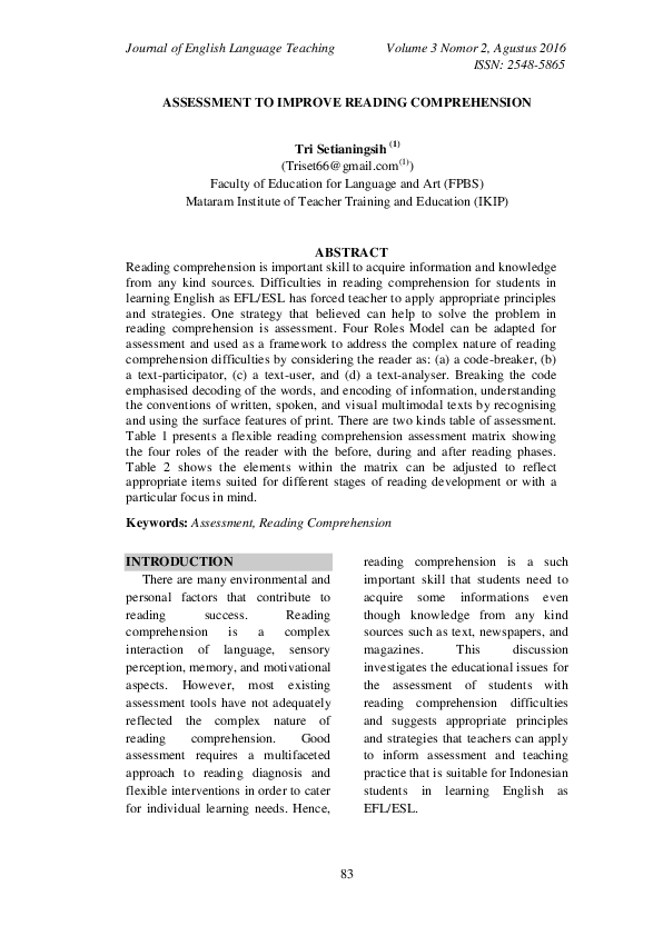 (PDF) Assessment to Improve Reading Comprehension