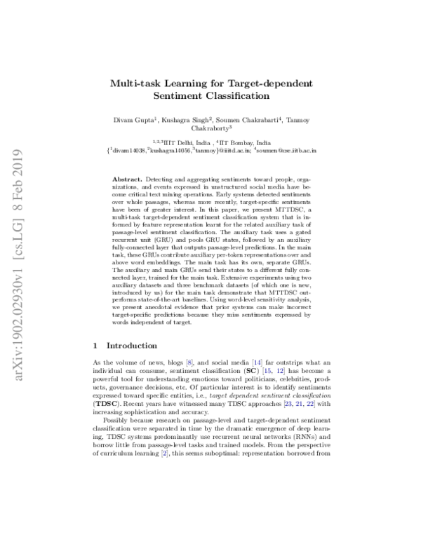 Pdf Multi Task Learning For Target Dependent Sentiment Classification