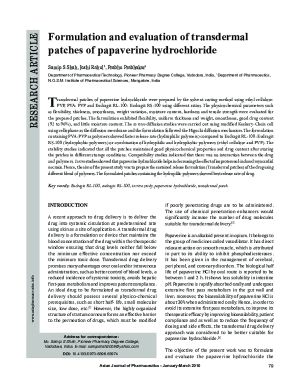 Pdf Formulation And Evaluation Of Transdermal Patches Of Papaverine Hydrochloride
