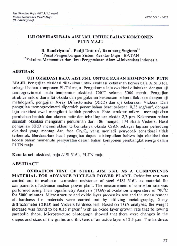 (PDF) Uji Oksidasi Baja Aisi 316L Untuk Bahan Komponen PLTN Maju