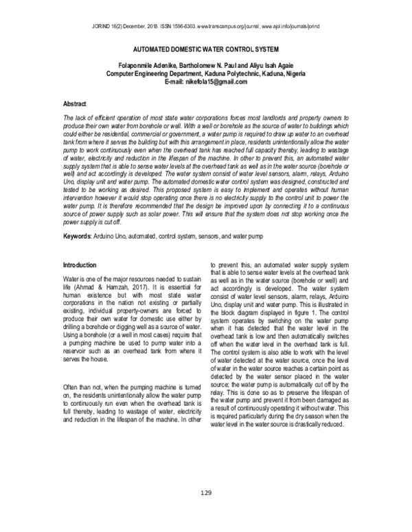 (PDF) AUTOMATED DOMESTIC WATER CONTROL SYSTEM
