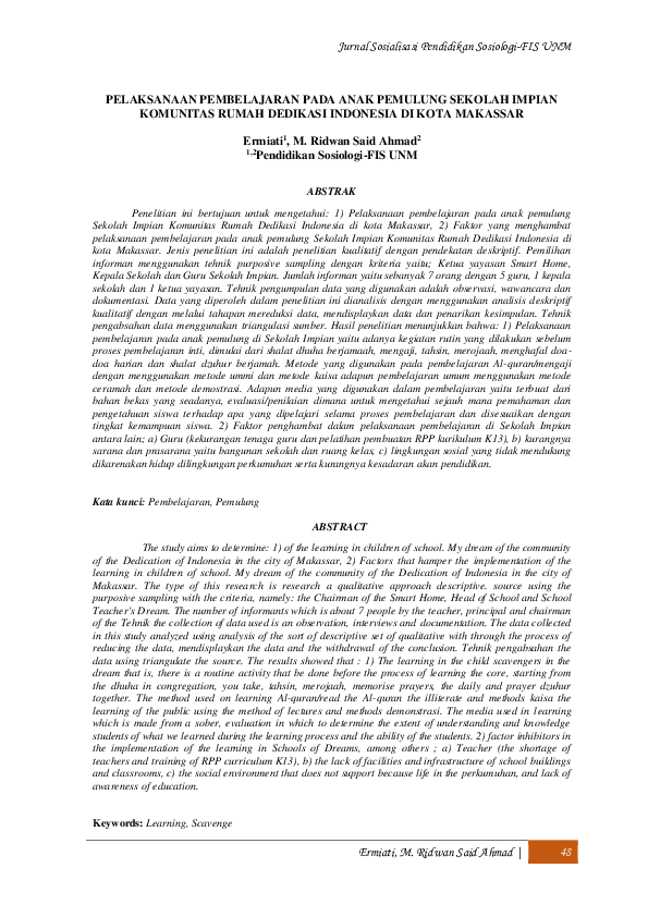 (PDF) Pelaksanaan Pembelajaran Pada Anak Pemulung Sekolah Impian Komunitas Rumah Dedikasi ...