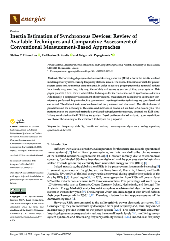 Pdf Inertia Estimation Of Synchronous Devices Review Of Available Techniques And Comparative