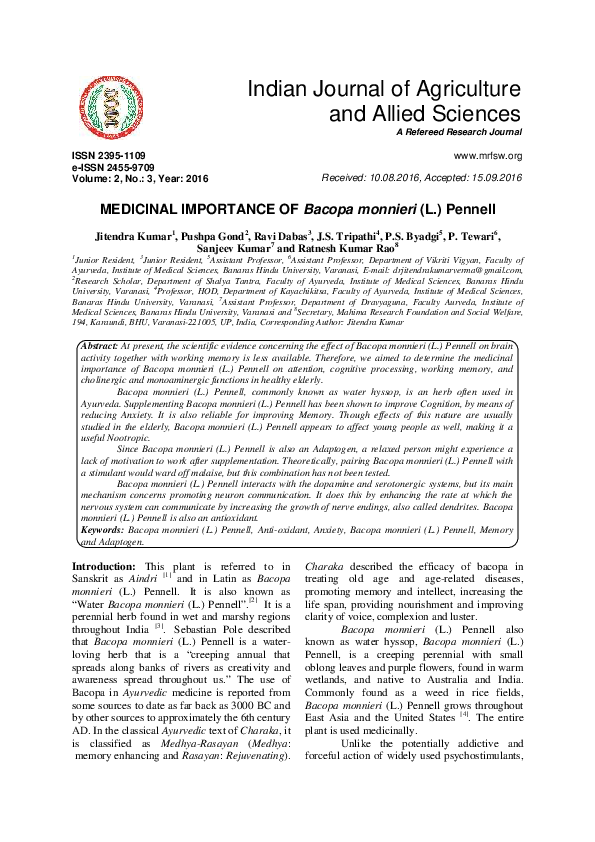 (PDF) MEDICINAL IMPORTANCE OF Bacopa monnieri (L.) Pennell