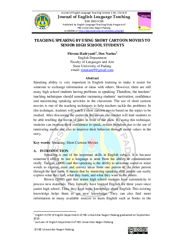 (PDF) Teaching Speaking by Using Short Cartoon Movies to Senior High School Students