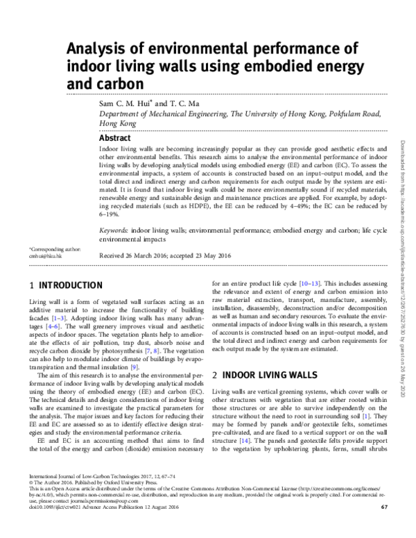 (PDF) Analysis of environmental performance of indoor living walls ...