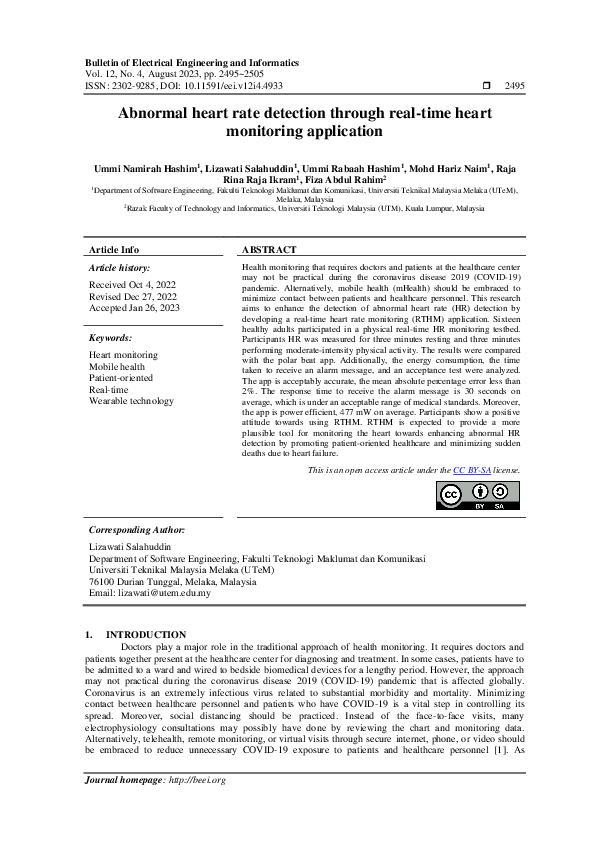 (PDF) Abnormal heart rate detection through real-time heart monitoring application