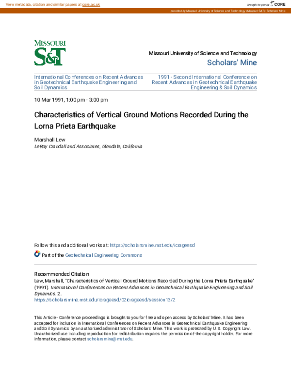 (PDF) Characteristics of Vertical Ground Motions Recorded During the ...