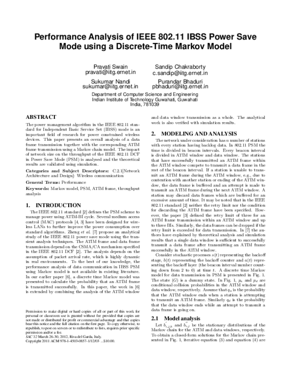 (PDF) Performance analysis of IEEE 802.11 IBSS power save mode using a ...