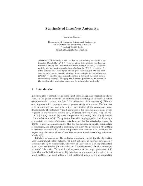 (PDF) Synthesis of Interface Automata