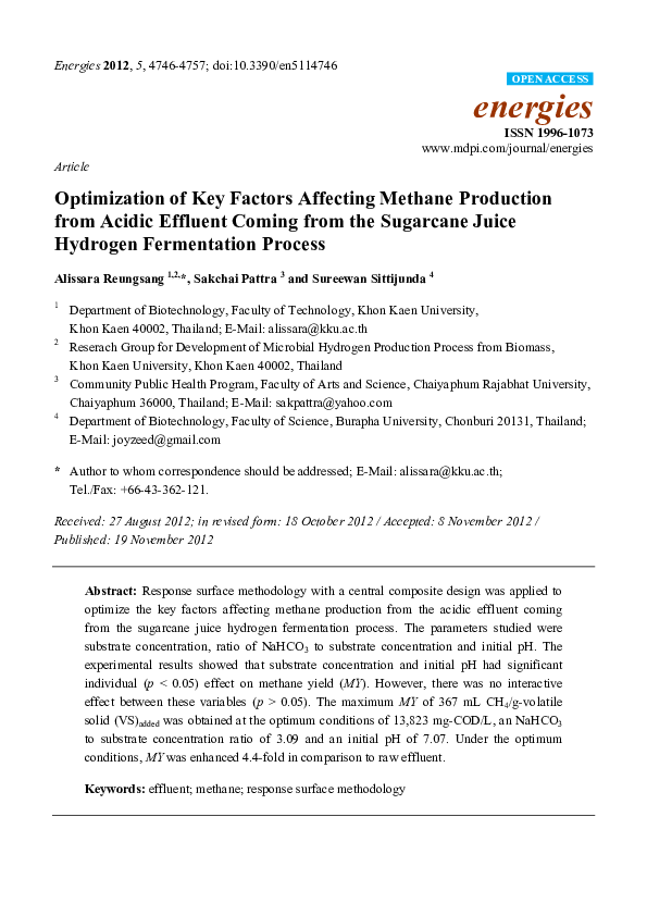 (PDF) Optimization of Key Factors Affecting Methane Production from Acidic Effluent Coming from ...