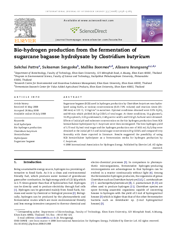 (PDF) Bio-hydrogen production from the fermentation of sugarcane bagasse hydrolysate by ...
