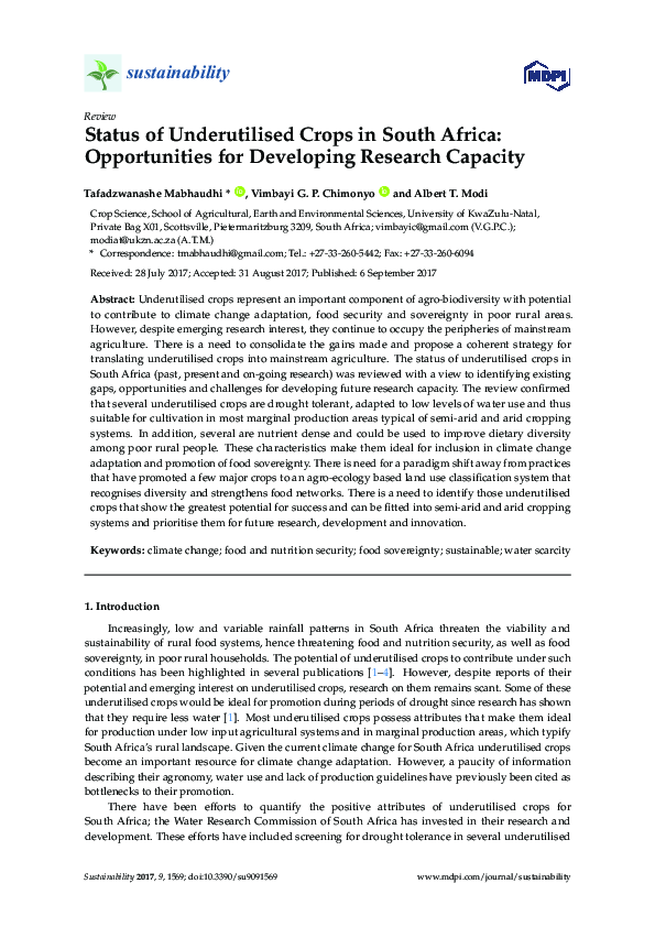 (PDF) Status of Underutilised Crops in South Africa: Opportunities for ...