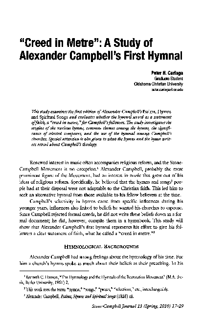 (PDF) "Creed in Metre": A Study of Alexander Campbell's First Hymnal