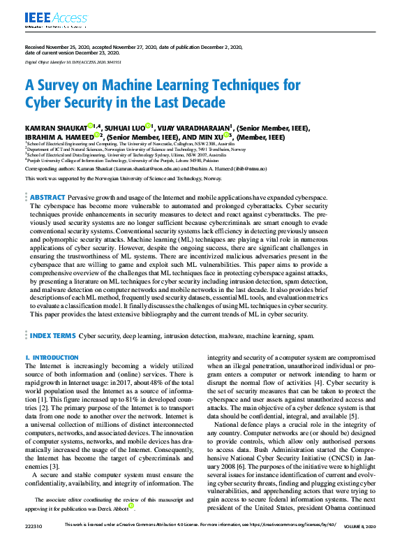 (PDF) A Survey on Machine Learning Techniques for Cyber Security in the Last Decade