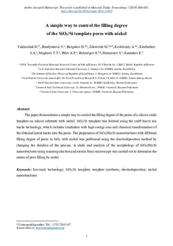 (PDF) A simple way to control the filling degree of the SiO2/Si template pores with nickel
