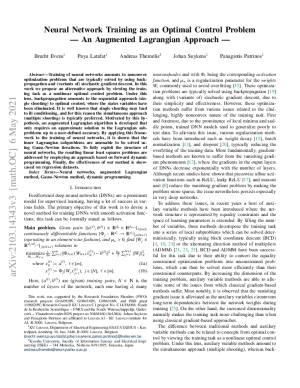 (PDF) Neural Network Training as an Optimal Control Problem : — An ...