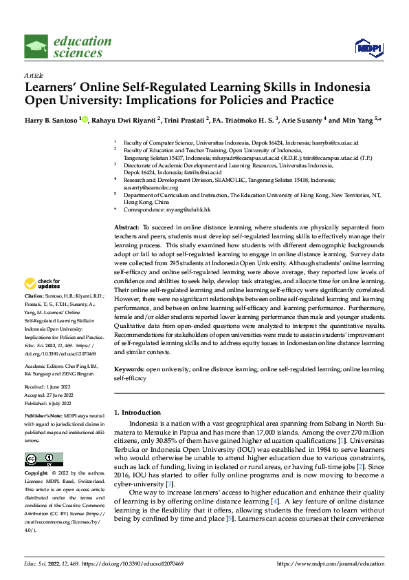 Pdf Learners Online Self Regulated Learning Skills In Indonesia Open University Implications