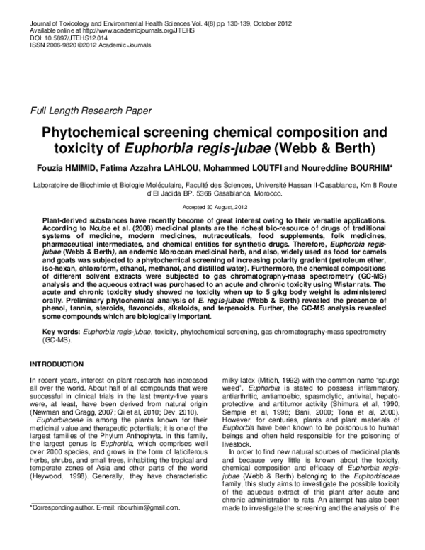 (PDF) Phytochemical screening chemical composition and toxicity of Euphorbia regis-jubae (Webb ...