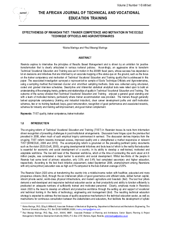 (PDF) Effectiveness of Rwandan TVET: Trainer Competence and Motivation in the Ecole Technique ...