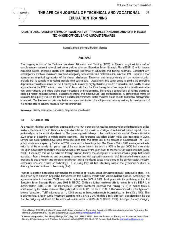 (PDF) QUALITY ASSURANCE Systems of Rwandan TVET: Training Standards Anchors in Ecole Technique ...