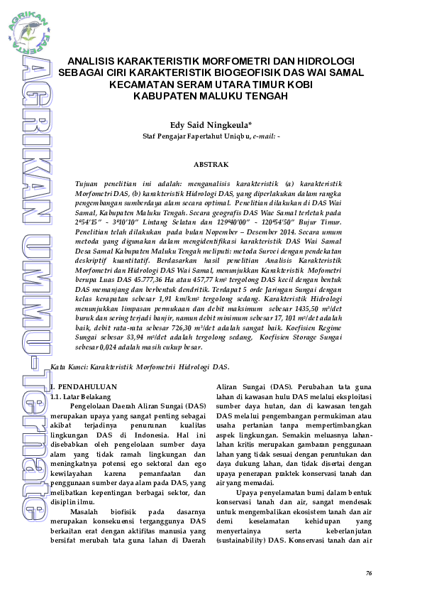 (PDF) Analisis karakteristik morfometri dan hidrologi sebagai ciri ...