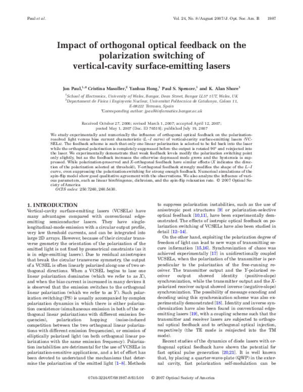 (PDF) Impact of orthogonal optical feedback on the polarization ...