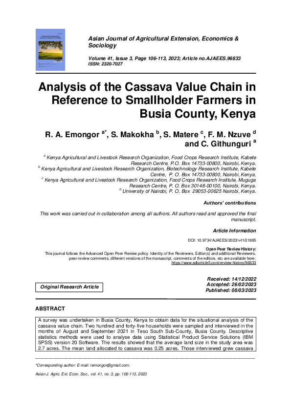 (PDF) Analysis of the Cassava Value Chain in Reference to Smallholder Farmers in Busia County, Kenya