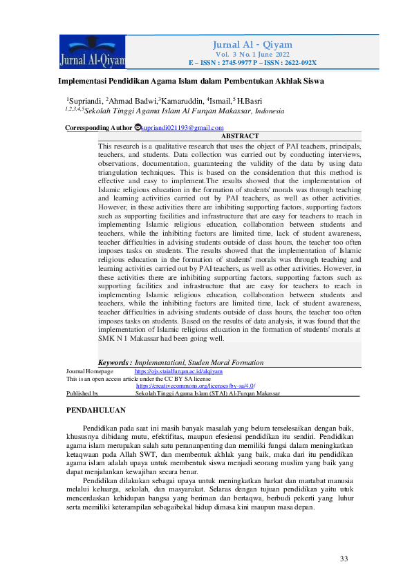 (PDF) Implementasi Pendidikan Agama Islam dalam Pembentukan Akhlak Siswa