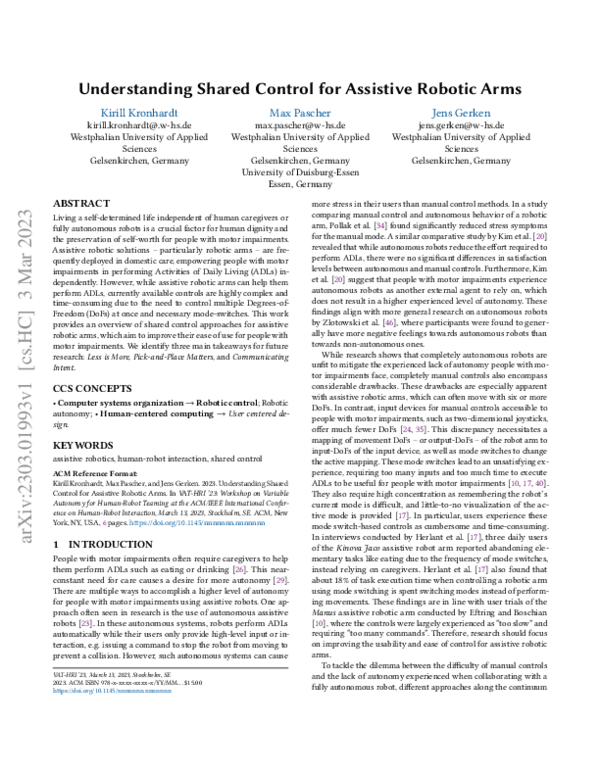 (PDF) Understanding Shared Control for Assistive Robotic Arms