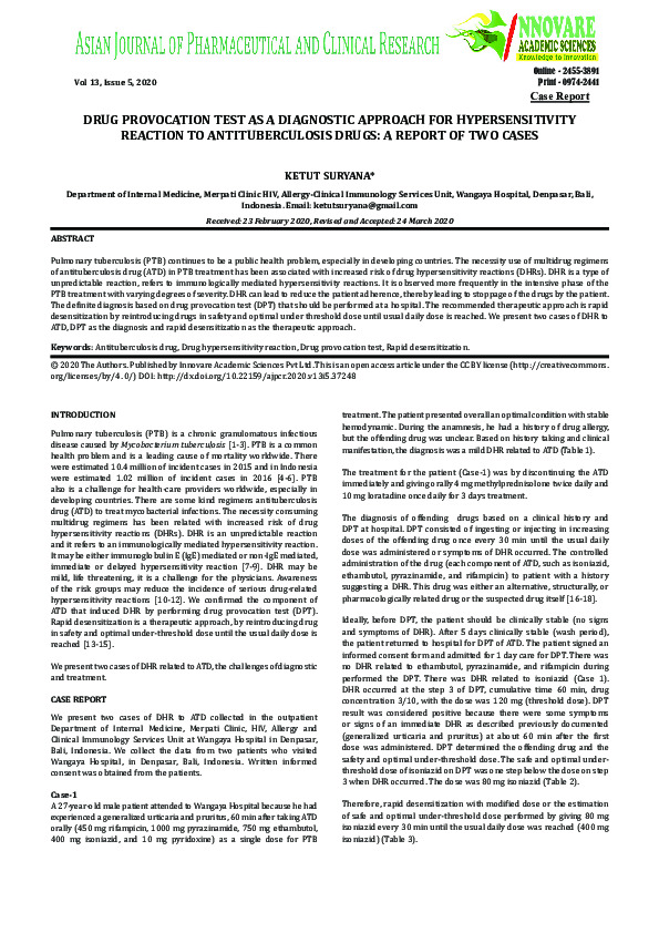 (PDF) DRUG PROVOCATION TEST AS A DIAGNOSTIC APPROACH FOR ...