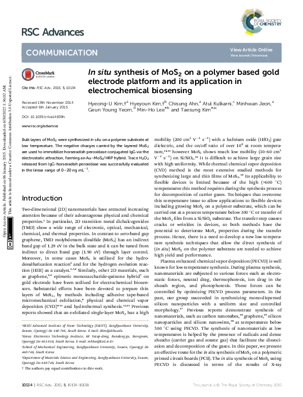 (PDF) In situ synthesis of MoS2 on a polymer based gold electrode platform and its application ...
