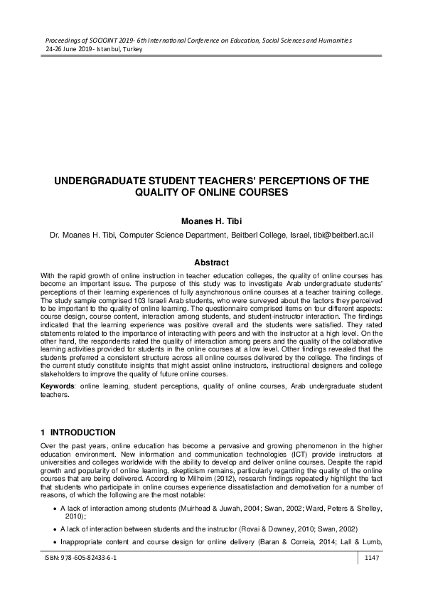 (PDF) Undergraduate Student Teachers’ Perceptions of the Quality of Online Courses