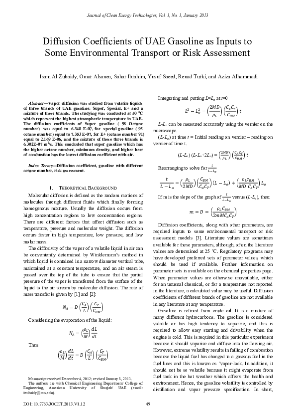 (PDF) Diffusion Coefficients of UAE Gasoline as Inputs to Some ...